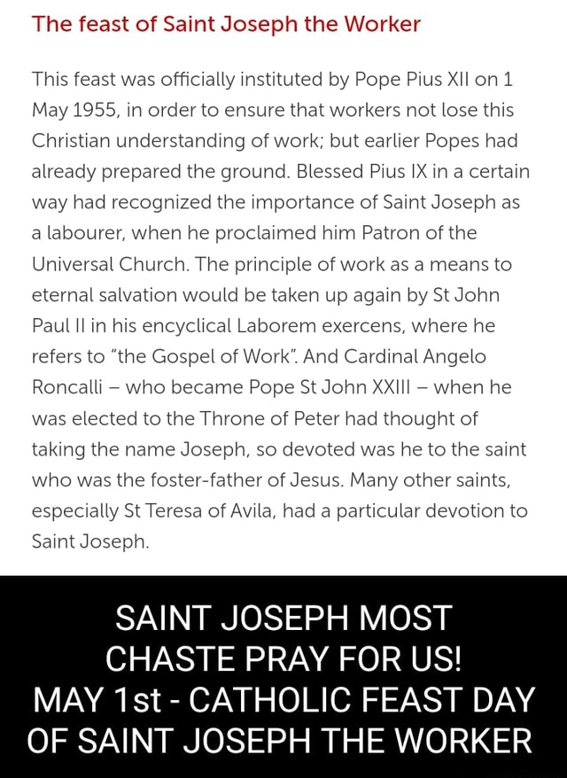 The feast of Saint Joseph the Worker This feast was officially ...