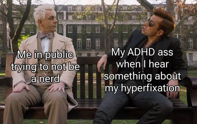 Me in public My ADHD ass trying to not be when I hear anerd something about my hyperfixation ...