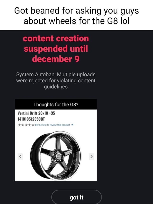 Got beaned for asking you guys about wheels for the lol content ...