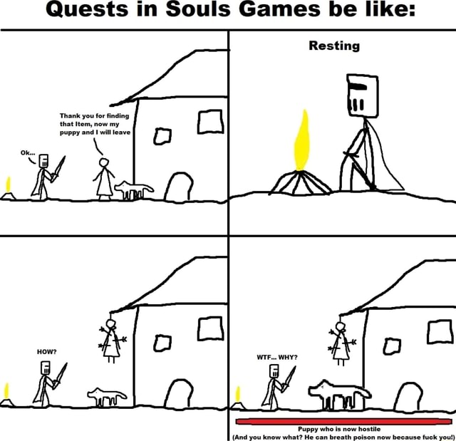 Quests in Souls Games be like: Resting Thank you for finding . ANN am ...