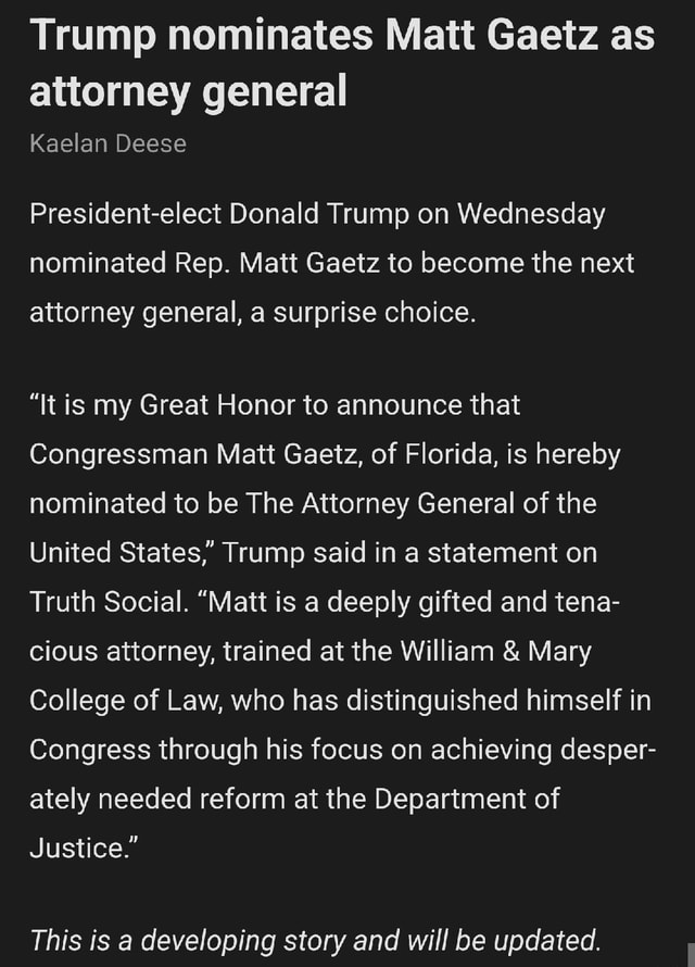 Trump nominates Matt Gaetz as attorney general President-elect Donald ...