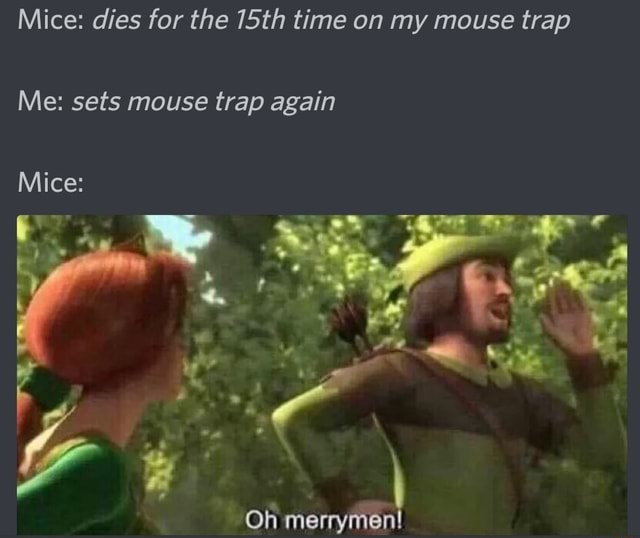 Mice: dies for the 75th time on my mouse trap Me: sets mouse trap again ...
