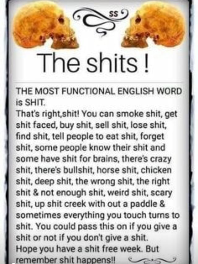 Ss Dy The shits ! THE MOST FUNCTIONAL ENGLISH WORD is SHIT. That's ...