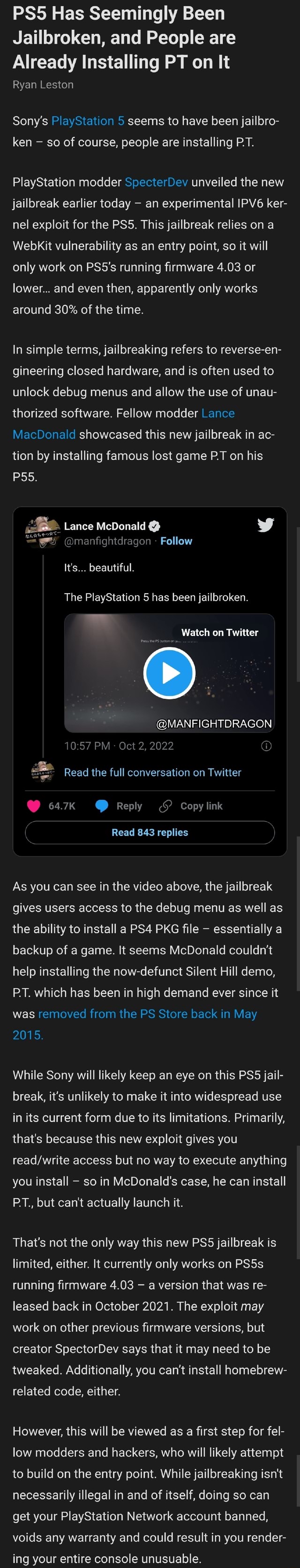 Has Seemingly Been Jailbroken, and People are Already Installing PT on It Ryan Leston Sony's ...