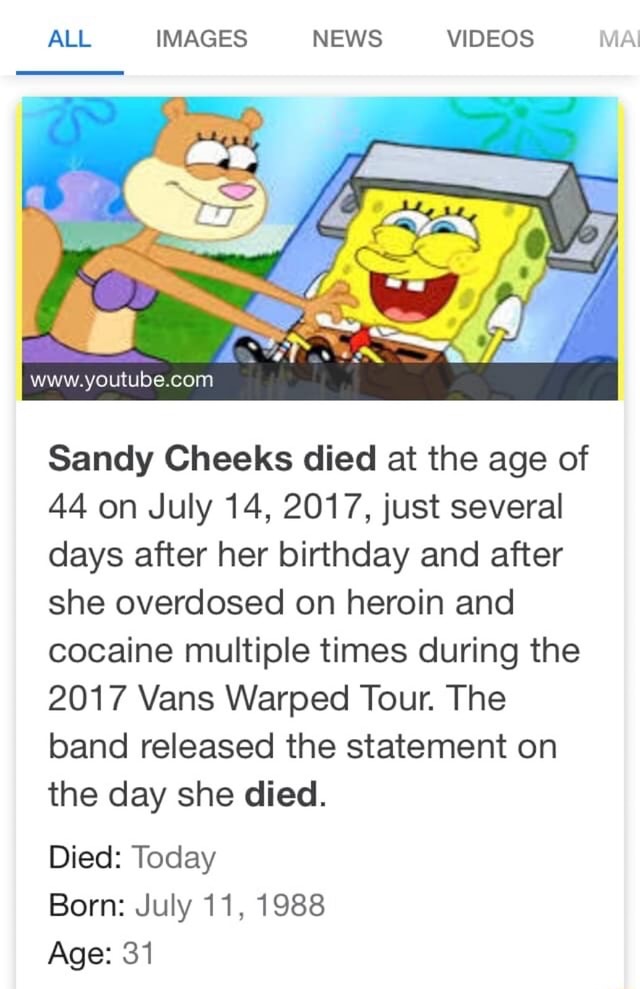 Sandy Cheeks died at the age of 44 on July 14, 2017, just several days ...