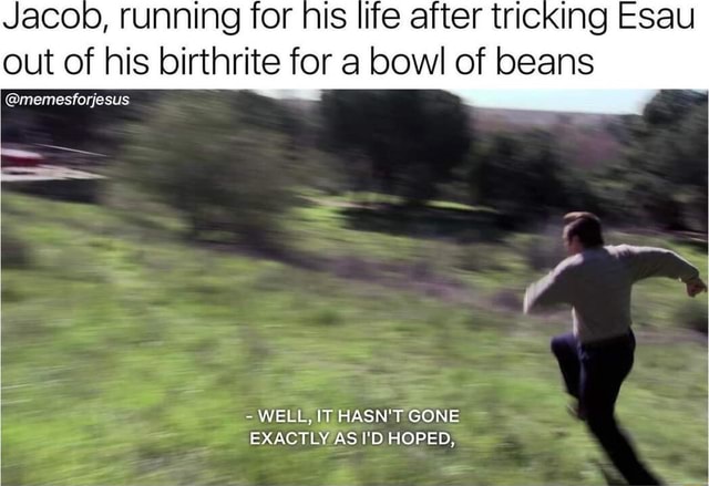 Jacob, running for his life after tricking Esau out of his birthrite ...