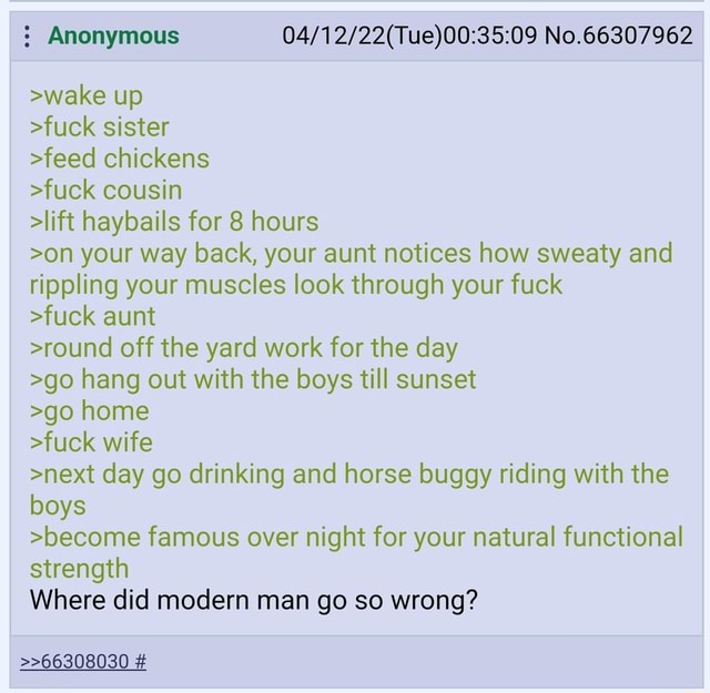 Anonymous No 66307962 Wake Up Fuck Sister Feed Chickens Fuck
