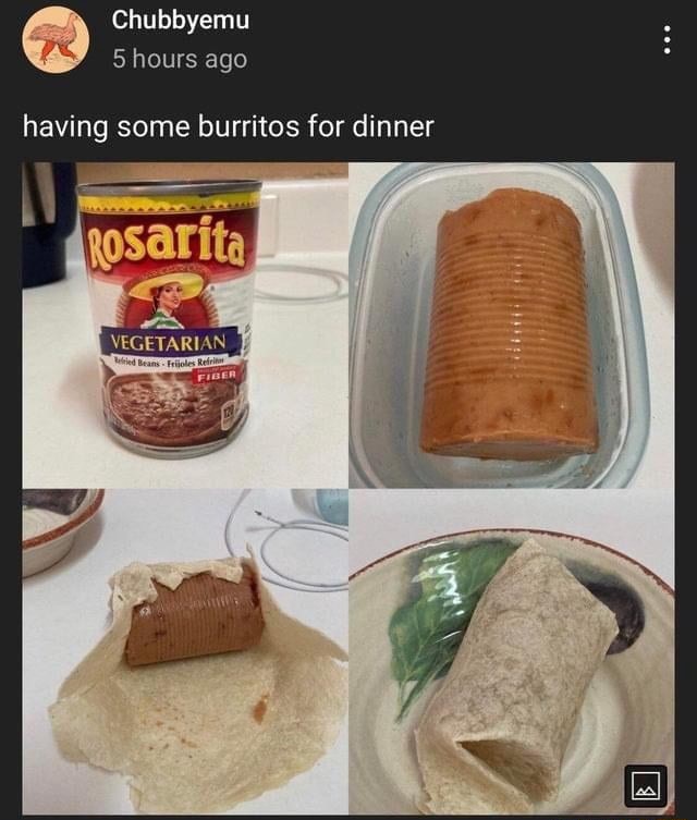 Chubbyemu 5 hours ago having some burritos for dinner - iFunny