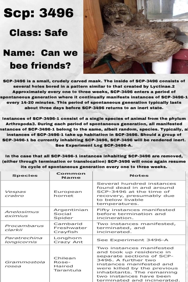 Scp: 3496 Class: Safe Name: Can we bee friends? SCP-3496 is a small ...