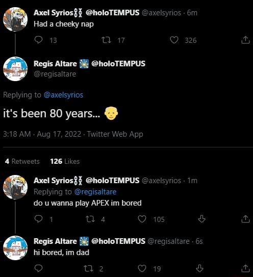 Axel Syrios$$ @holoTEMPUS @axelsyrios Had a cheeky nap Regis Altare @holoTEMPUS Replying to ...