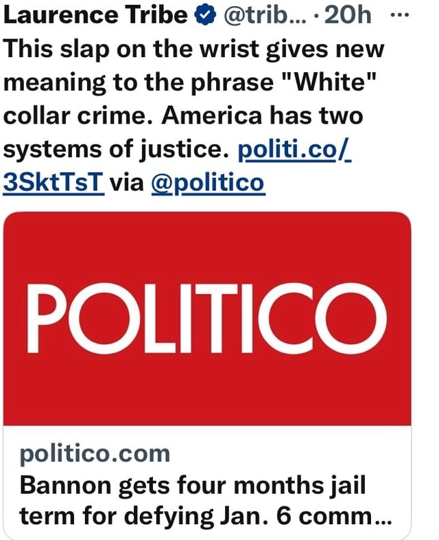 Laurence Tribe @ @trib...- This slap on the wrist gives new meaning to the phrase "White" collar ...