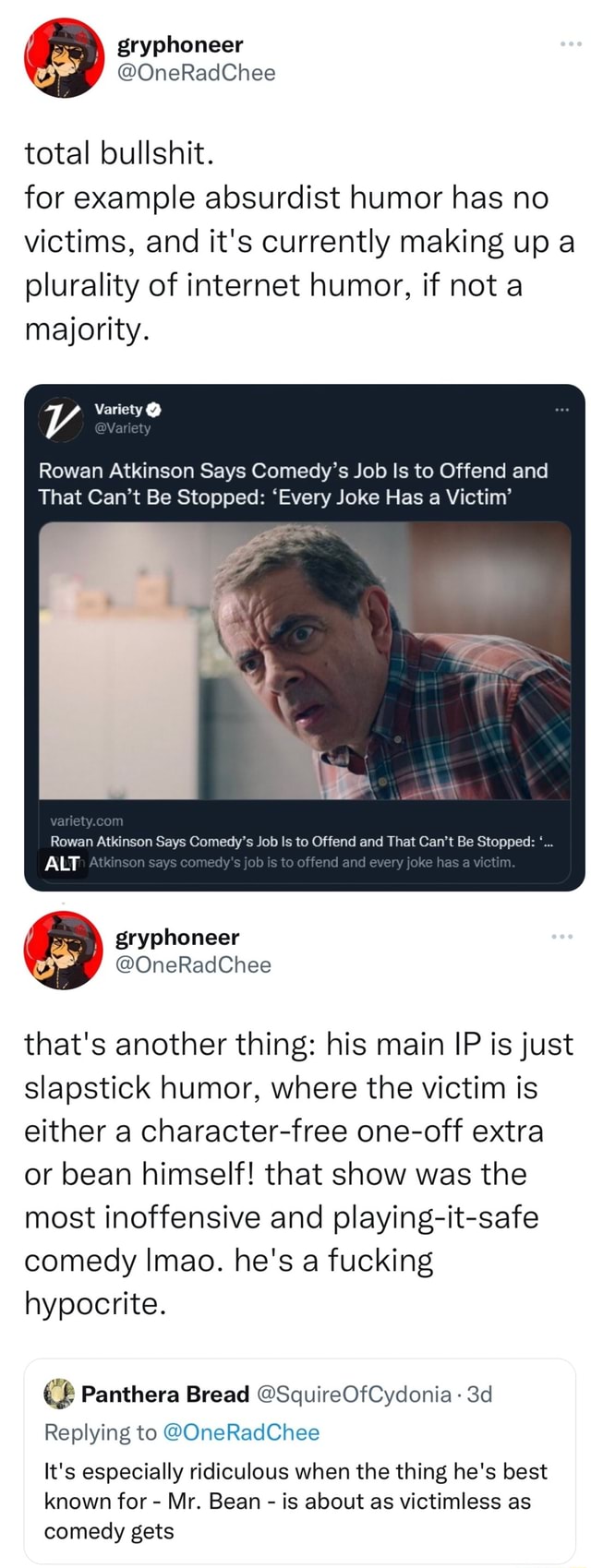 Gryphoneer total bullshit. for example absurdist humor has no victims ...