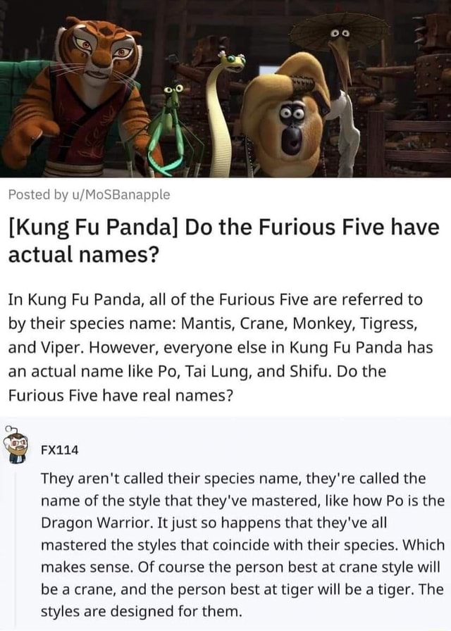 Posted by [Kung Fu Panda] Do the Furious Five have actual names? In ...