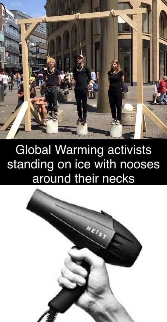 Global Warming activists standing on ice with nooses around their necks ...