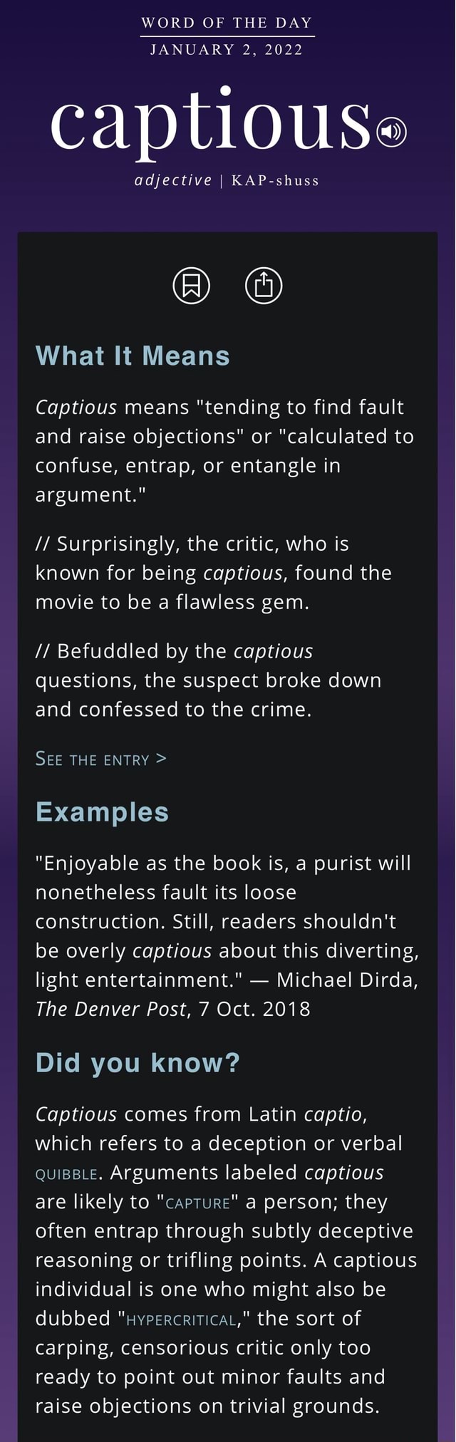 WORD OF THE DAY JANUARY 2, 2022 captiouSe adjective I KAP-shuss What It ...