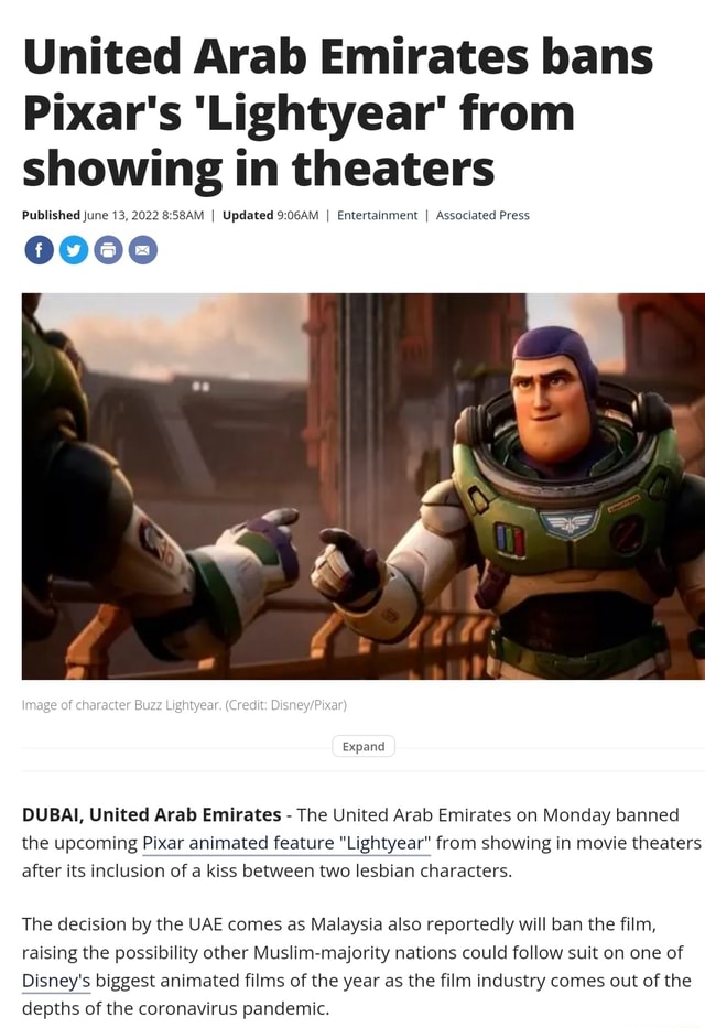 United Arab Emirates bans Pixar's 'Lightyear' from showing in theaters ...