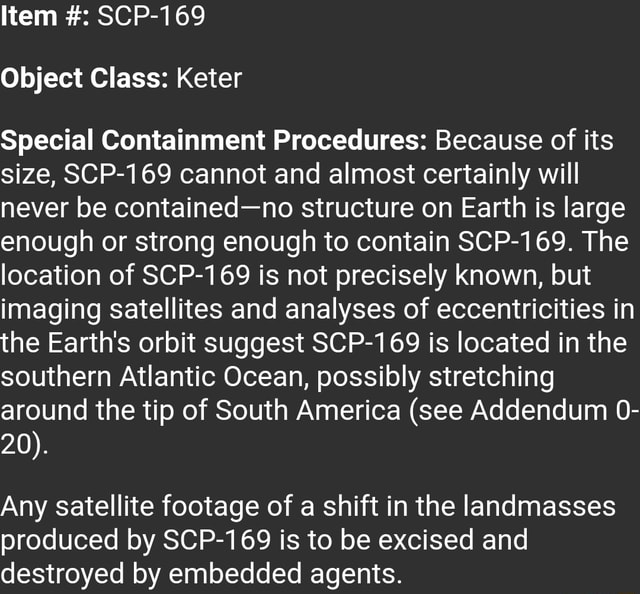 Item #: SCP-169 Object Class: Keter Special Containment Procedures ...