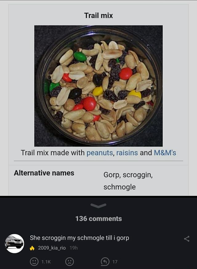 Trail mix Trail mix made with peanuts, raisins and Alternative names ...