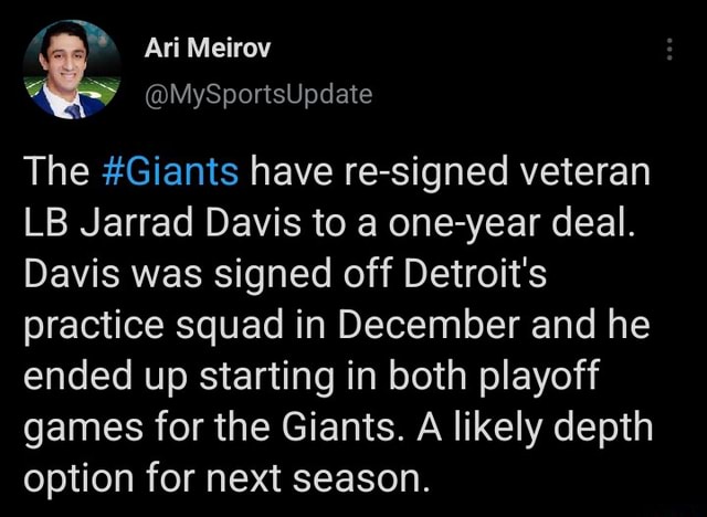 Ari Meirov @MySportsUpdate The #Giants have re-signed veteran LB Jarrad ... Ari Meirov @MySportsUpdate The #Giants have re-signed veteran LB Jarrad ...