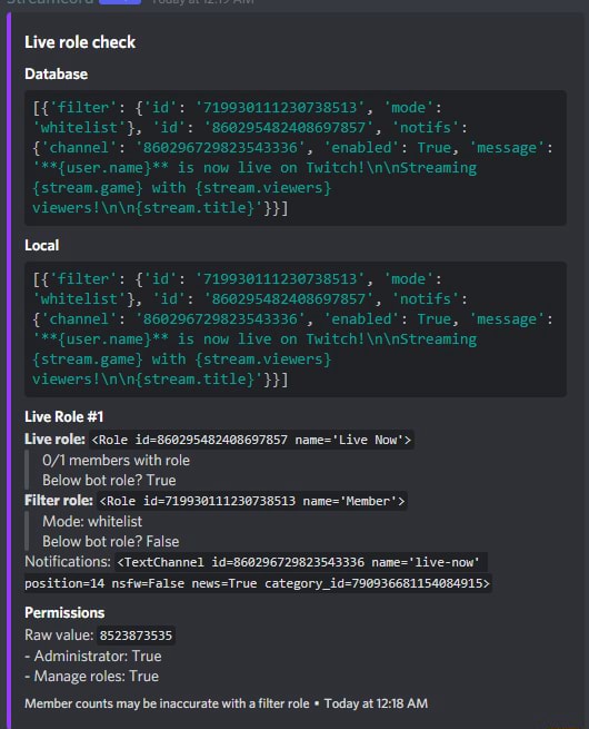 Streamcord info's for support - Live role check Database [{'filter ...