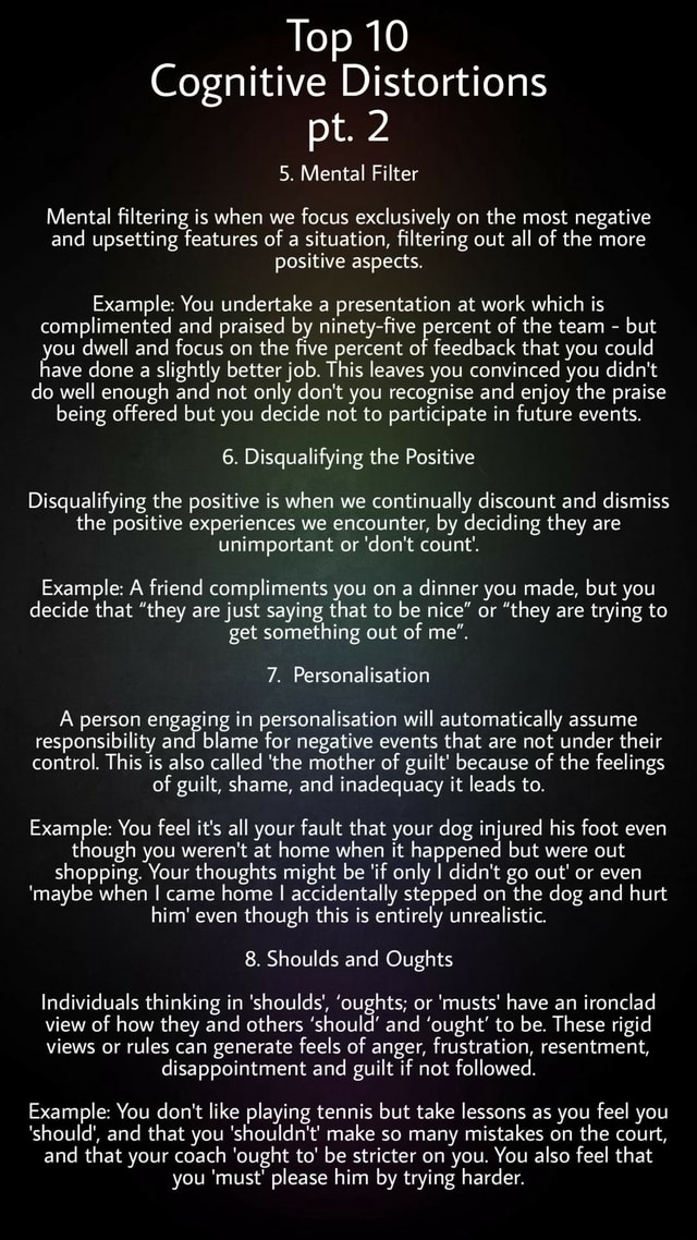 Top 10 Cognitive Distortions pt. 2 5. Mental Filter Mental ﬁltering is ...