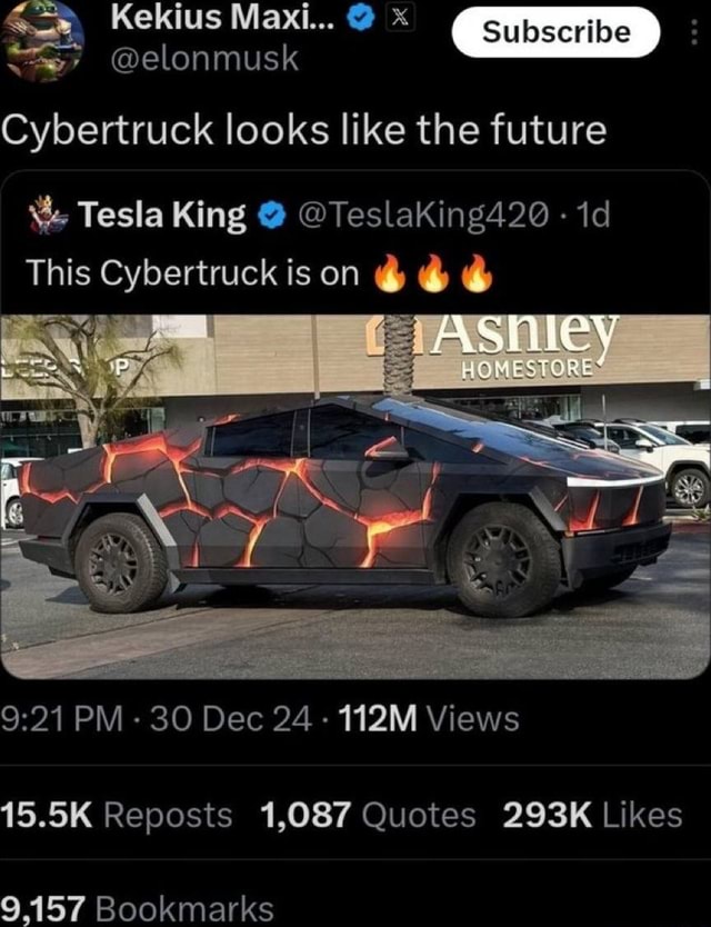 Kekius Maxi... @ x SS. Subscribe Sse: @elonmusk Cybertruck looks like ...