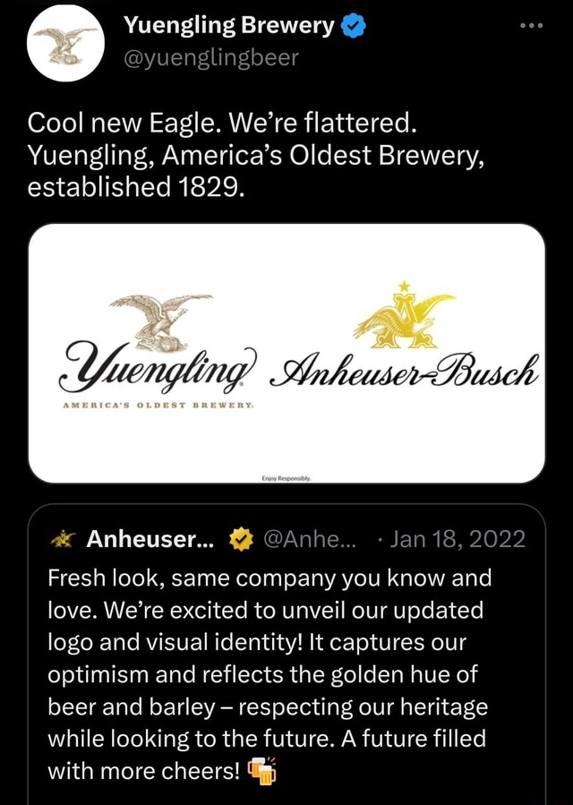 Cool new Eagle. We're flattered. Yuengling, America's Oldest Brewery, established 1829. OLDEST ...