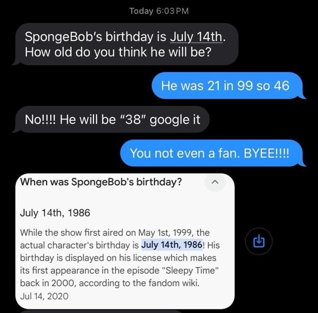 Today SpongeBob's birthday is July 14th. How old do you think he will ...