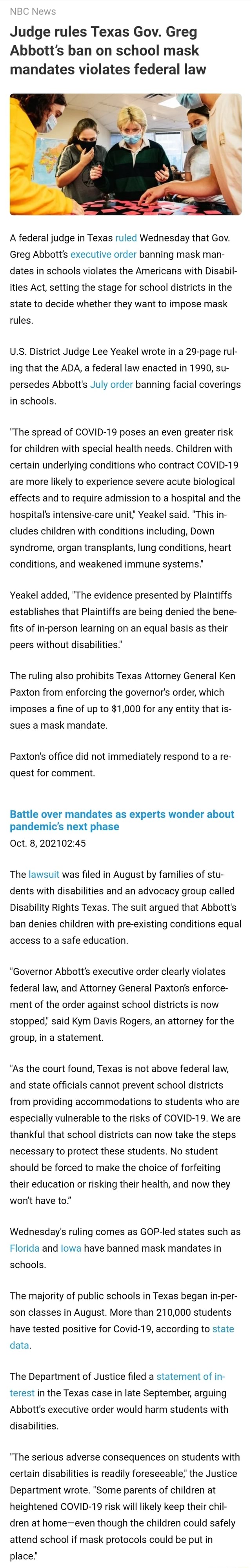 NBC News Judge rules Texas Gov. Greg Abbott's ban on school mask ...