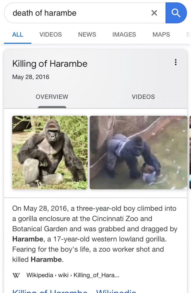 Killing of Harambe May 28, 2016 On May 28, 2016, a three-year-old boy ...