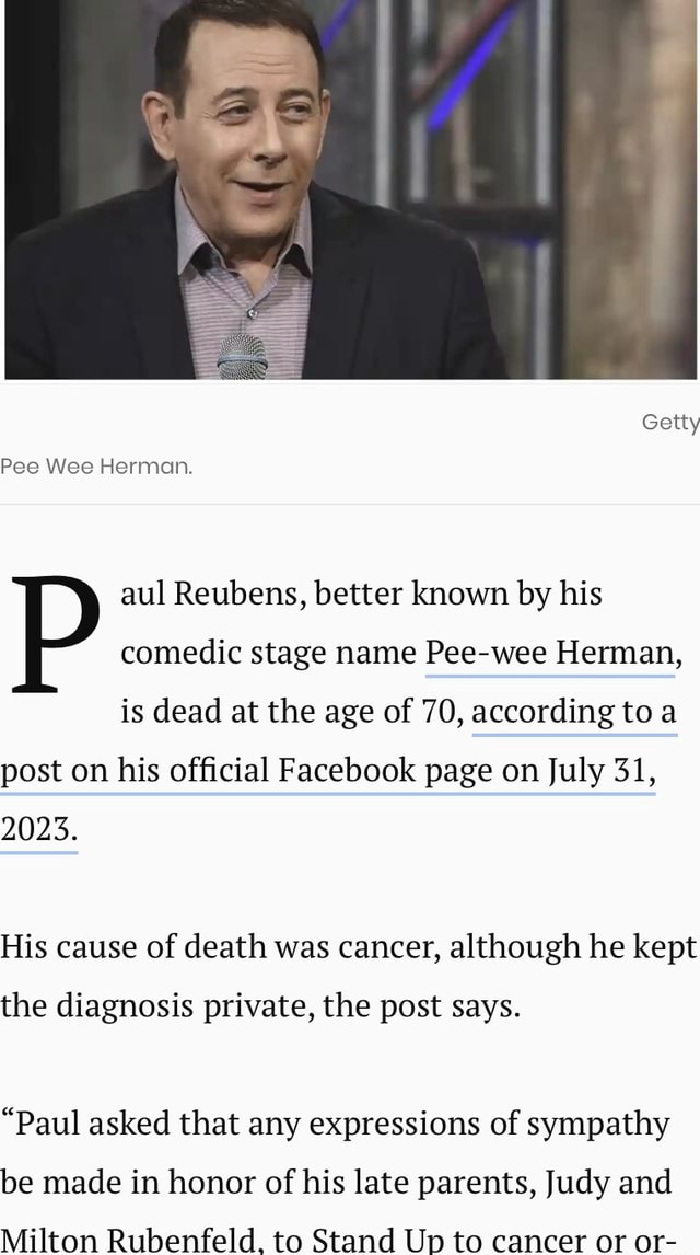 Getty Pee Wee Herman. aul Reubens, better known by his comedic stage ...