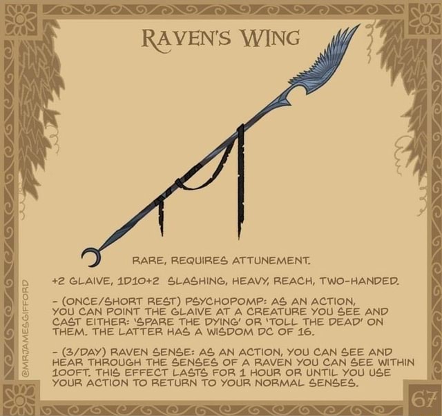 CMRIAMESGIFFORD. RAVEN'S WING RARE, REQUIRES ATTUNEMENT. +2 GLAIVE ...