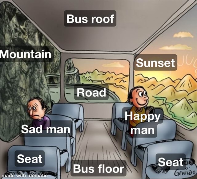 Bus roof Mountain Sunset Road Happy Sad man id man Seat Bus floor Seat ...