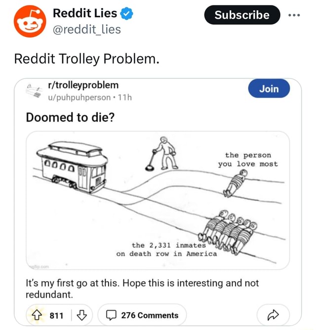 Reddit Lies @reddit_lies Reddit Trolley Problem. , Utrolleyproblem ...