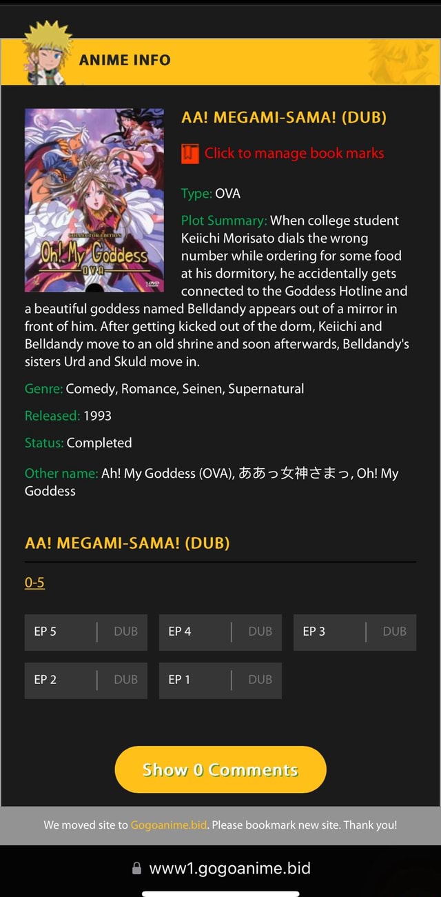 AA! MEGAMI-SAMA! (DUB) Click to manage book marks ANIME INFO Type: OVA ...