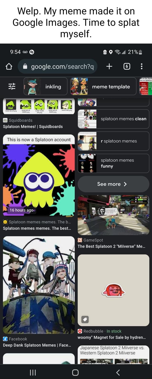 Welp. My meme made it on Google Images. Time to splat myself. all ...