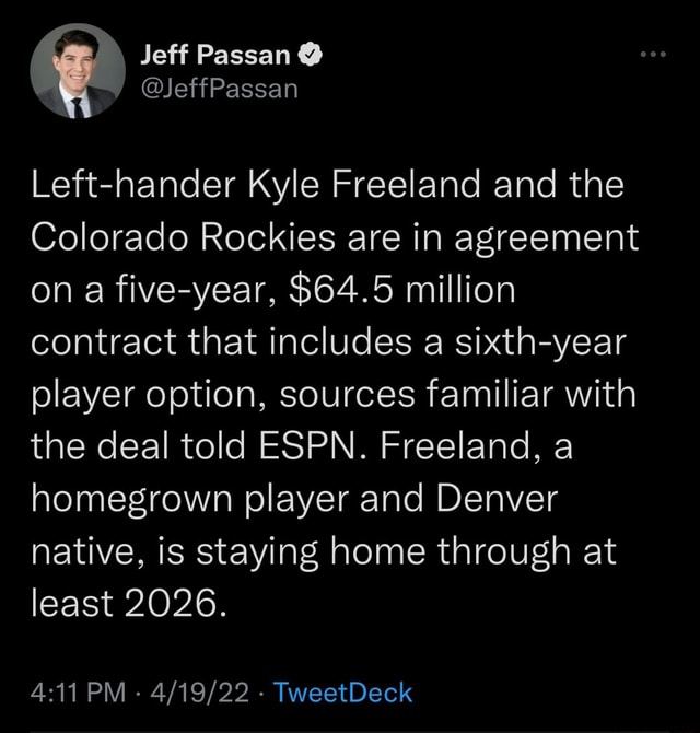 " Jeff Passan @ @JeffPassan Left-hander Kyle Freeland and the Colorado ...