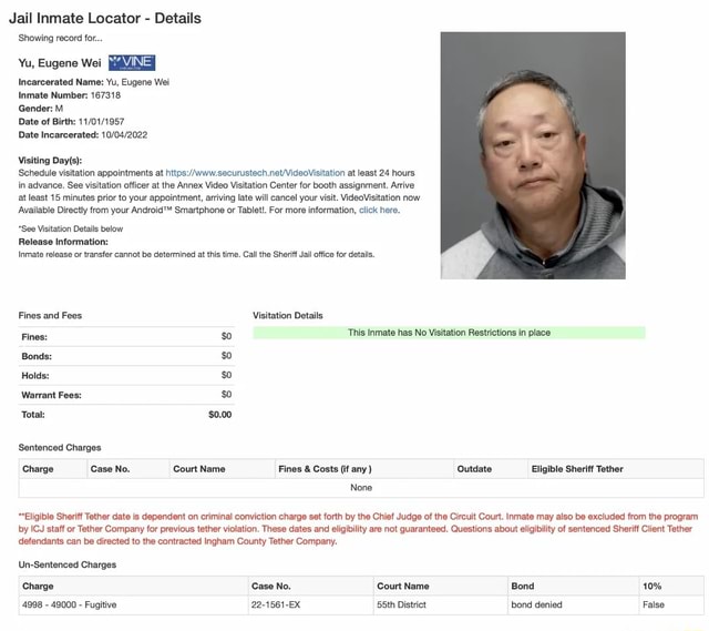 Jail Inmate Locator - Details 'Showing record for... INE Yu, Eugene Wei ...
