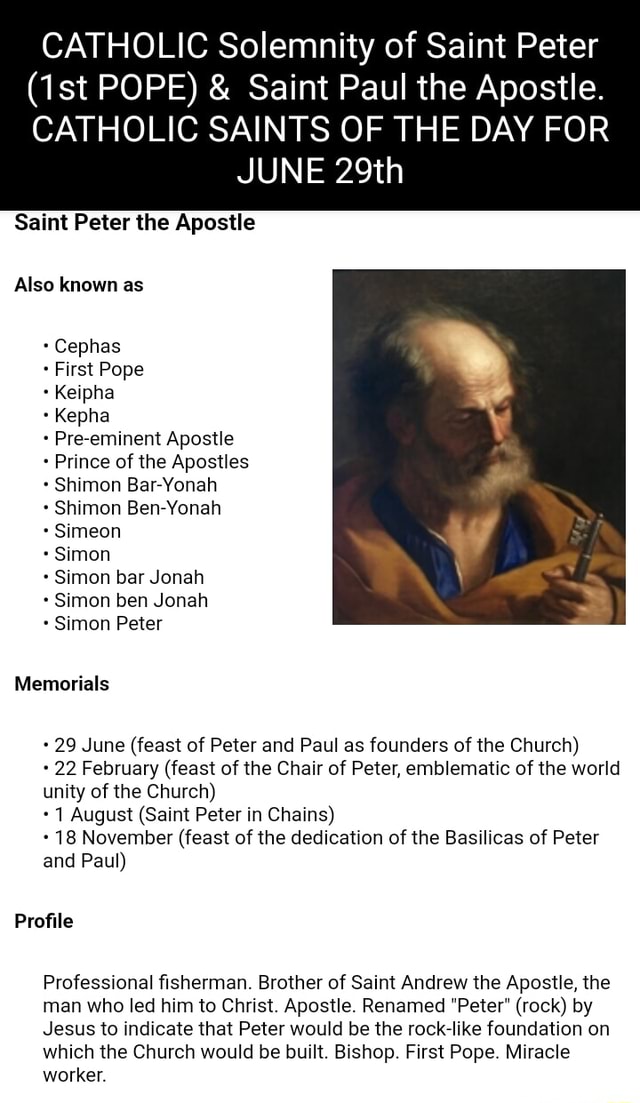 CATHOLIC Solemnity of Saint Peter st POPE) & Saint Paul the Apostle ...