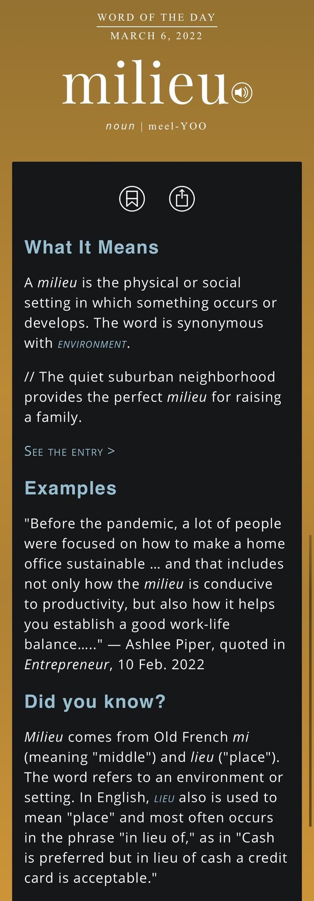 WORD OF THE DAY MARCH 6, 2022 milieue noun I meel-YOO What It Means A ...