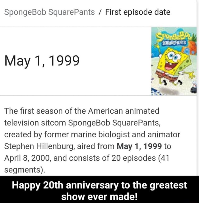 SpongeBob SquarePants / First episode date May1, 1999 The ﬁrst season ...