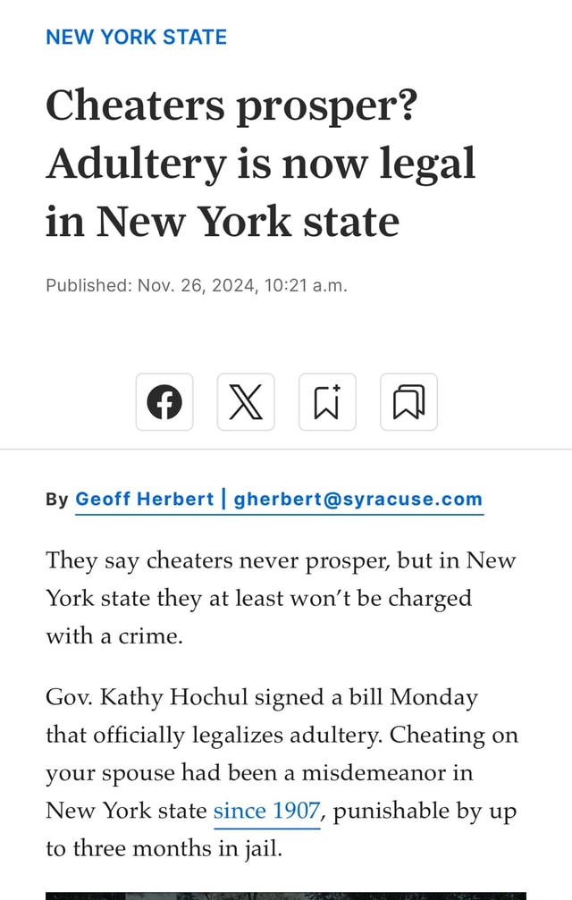 NEW YORK STATE Cheaters prosper? Adultery is now legal in New York ...
