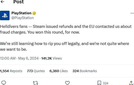 Post PlayStation @PlayStation Helldivers fans Steam issued refunds and ...