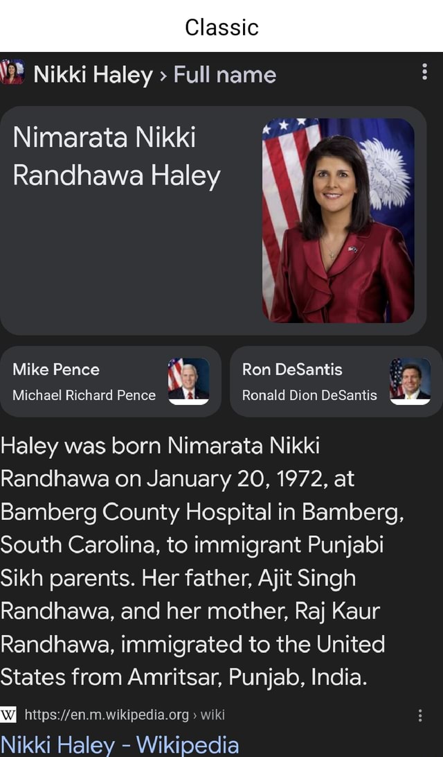 Classic Nikki Haley > Full name Nimarata Nikki Randhawa Haley Mike ...