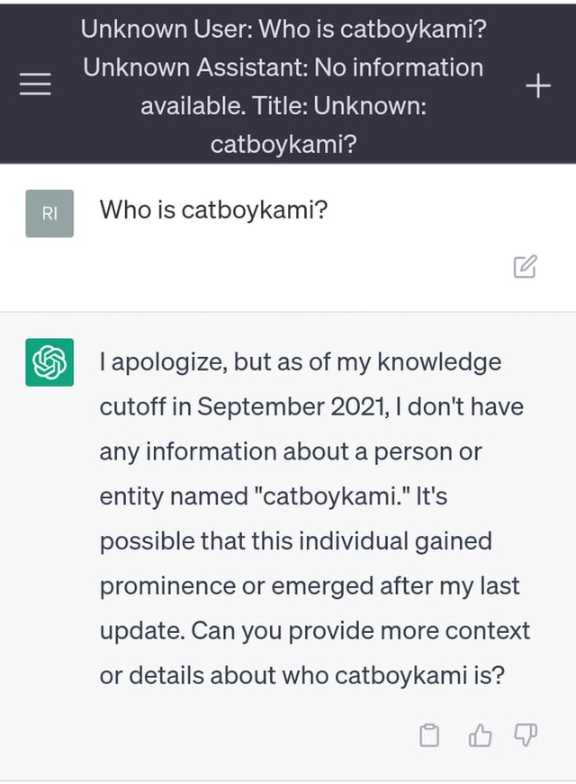 Unknown User: Who is catboykami? - Unknown Assistant: No information available. Title: Unknown ...