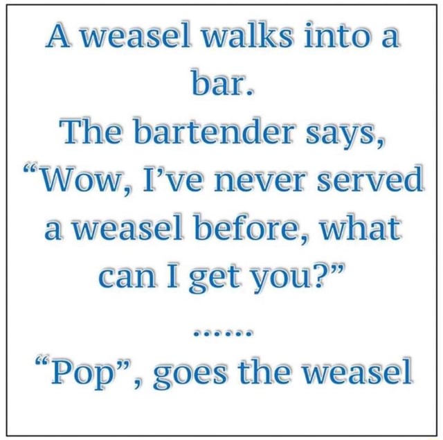 A weasel walks into a bar. The bartender says, "Wow, I've never served ...