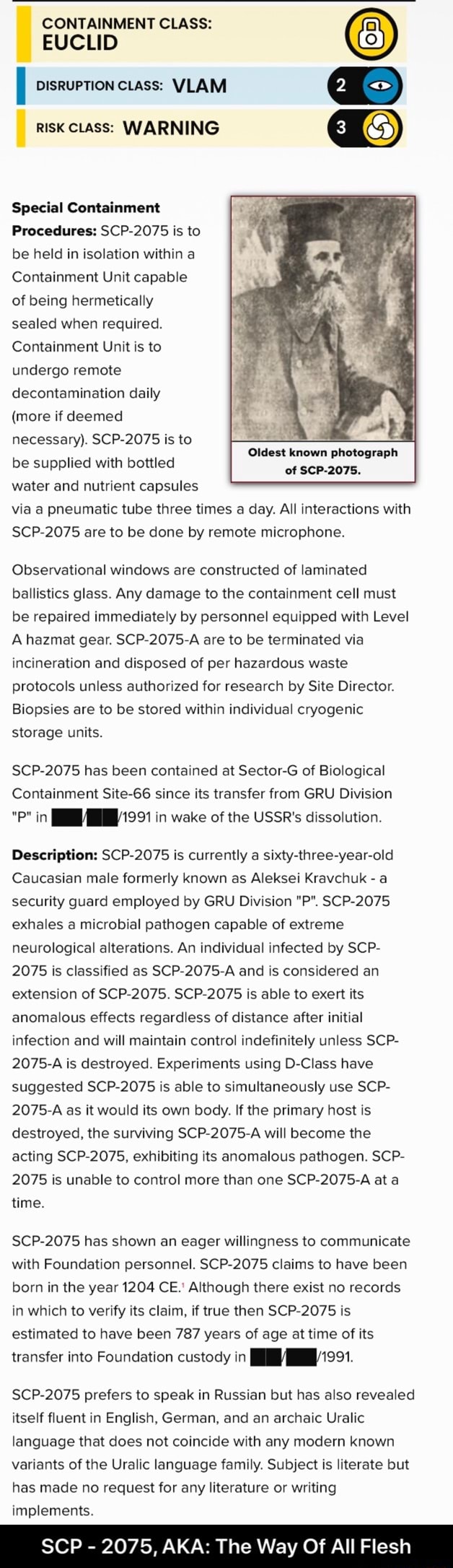 CONTAINMENT CLASS: EUCLID DISRUPTION CLASS: VLAM RISK CLASS: WARNING ...