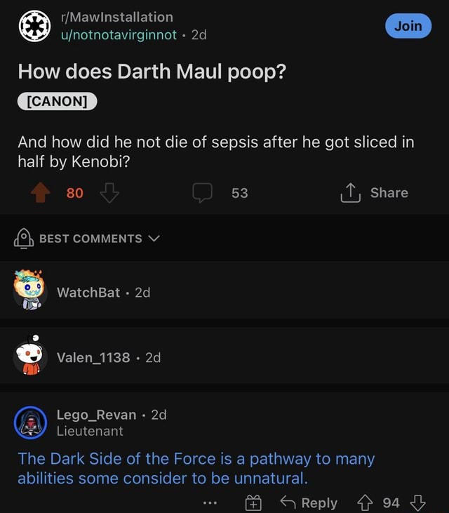 How does Darth Maul poop? And how did he not die of sepsis after he got ...