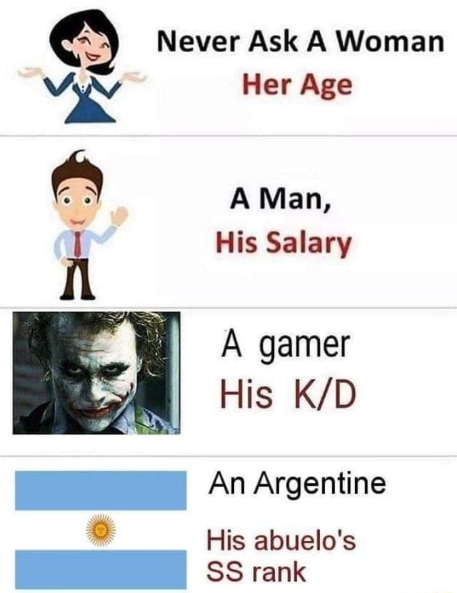 Never Ask A Woman Her Age A Man, His Salary A gamer His An Argentine ...