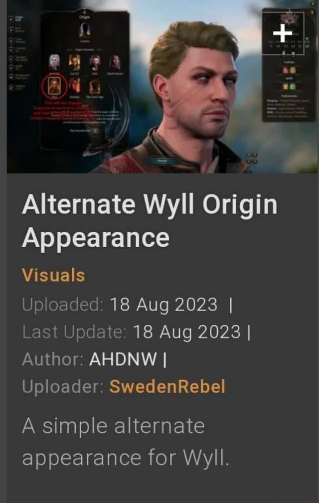 Alternate Wyll Origin Appearance Visuals Uploaded: 18 Aug 2023 I Last ...